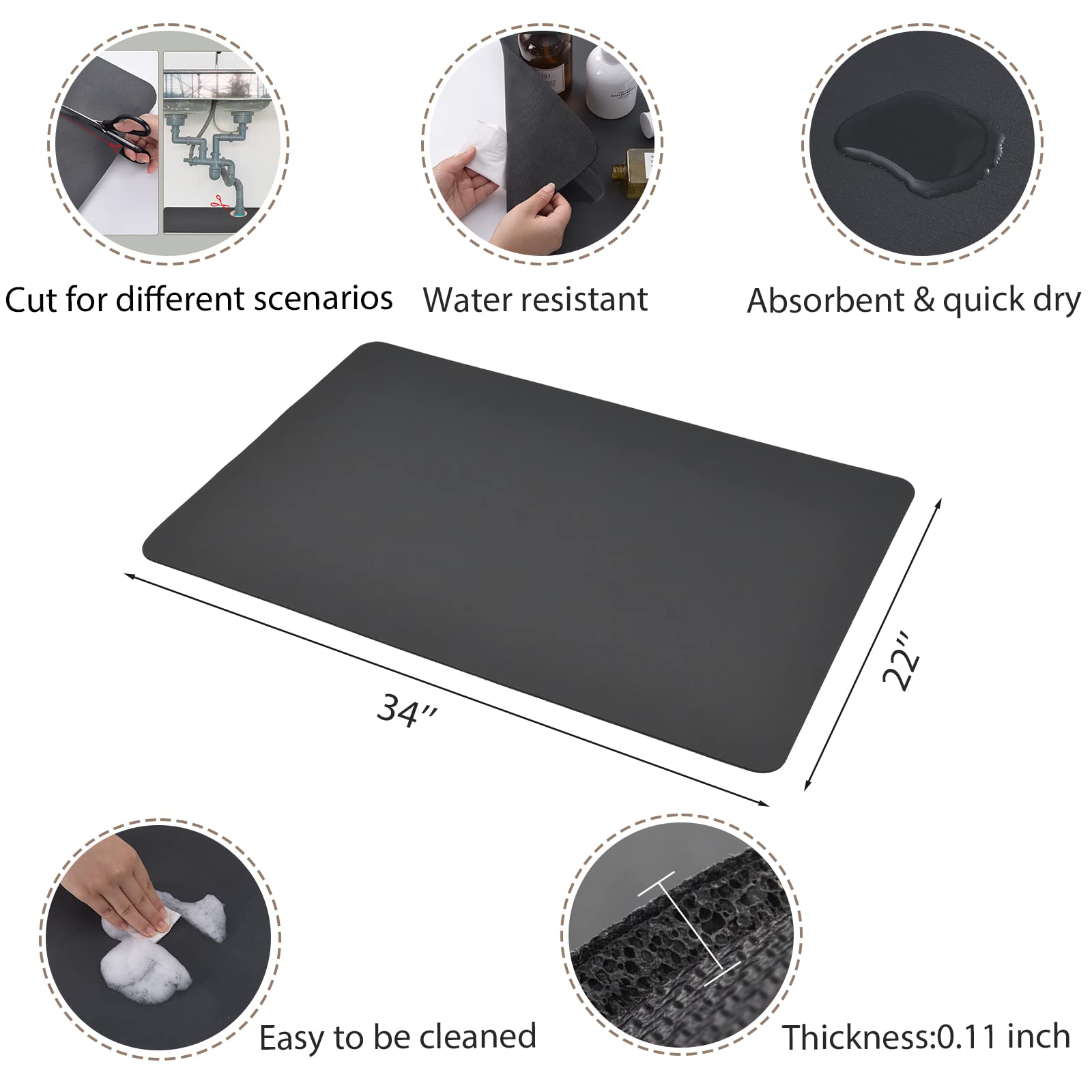 Under Sink Mat Liner for Kitchen 34" x 22",Absorbent Mats for Below Sinks,Quick Dry Under Sink Liner Drip Tray,Waterproof Cabinet Protector/Shelf Liners,Slip Resistant,Cut to Fit Cabinets,Washable