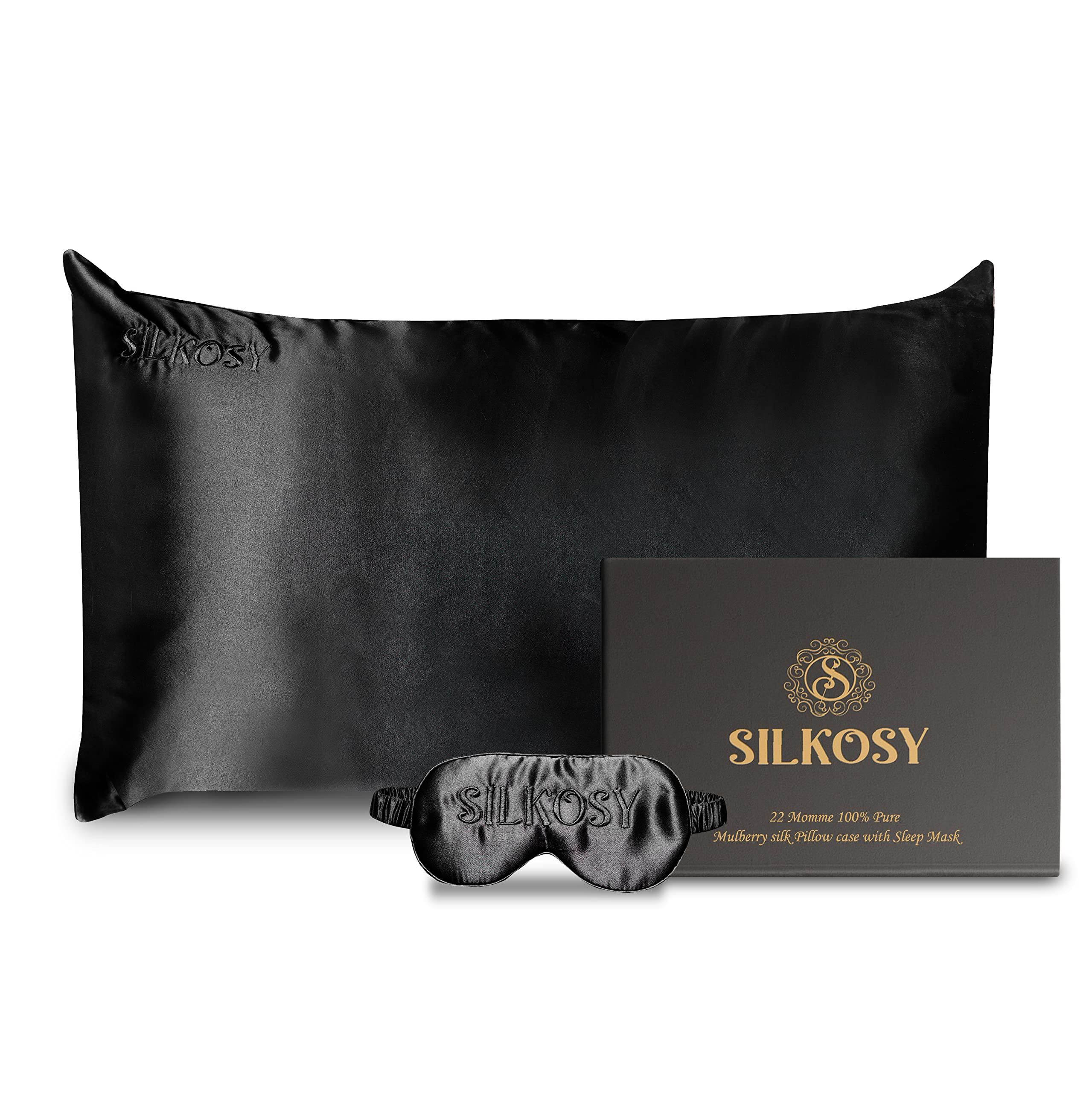 Mulberry Silk Pillowcase for Hair and Skin with Hidden Zipper, 22 Momme 100% Real Silk Pillow Case with Sleep Mask, Premium Grade 6A Silk Promotes Soft Skin, 900 Thread Count (Black, Queen)