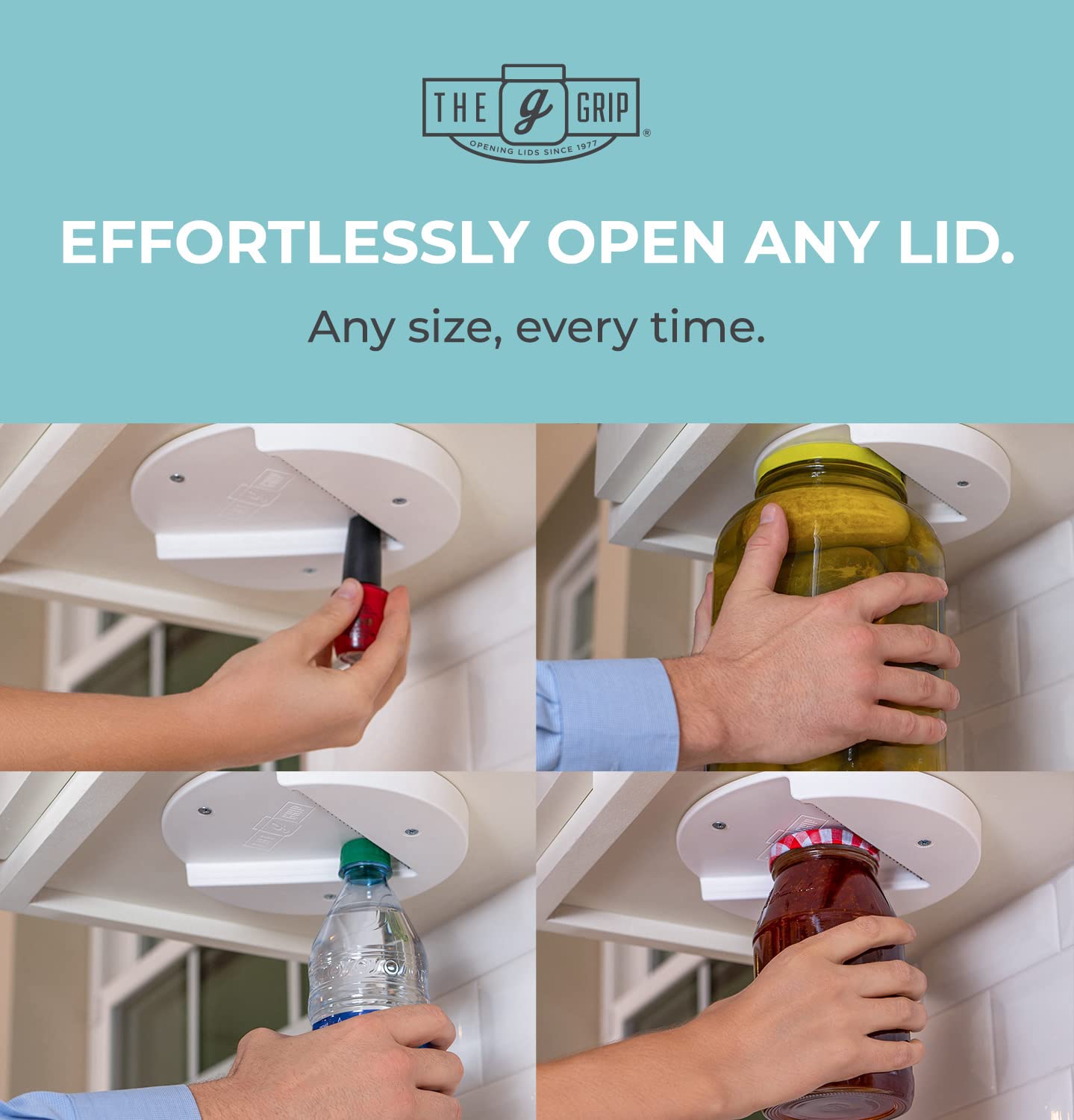 The Grip Jar Opener | Original Under Cabinet Jar Lid & Bottle Opener, Made in USA – Effortless Jar Opener for Weak Hands & Seniors with Arthritis - Open Any Size Jar & Can – Kitchen Gadgets Must Have