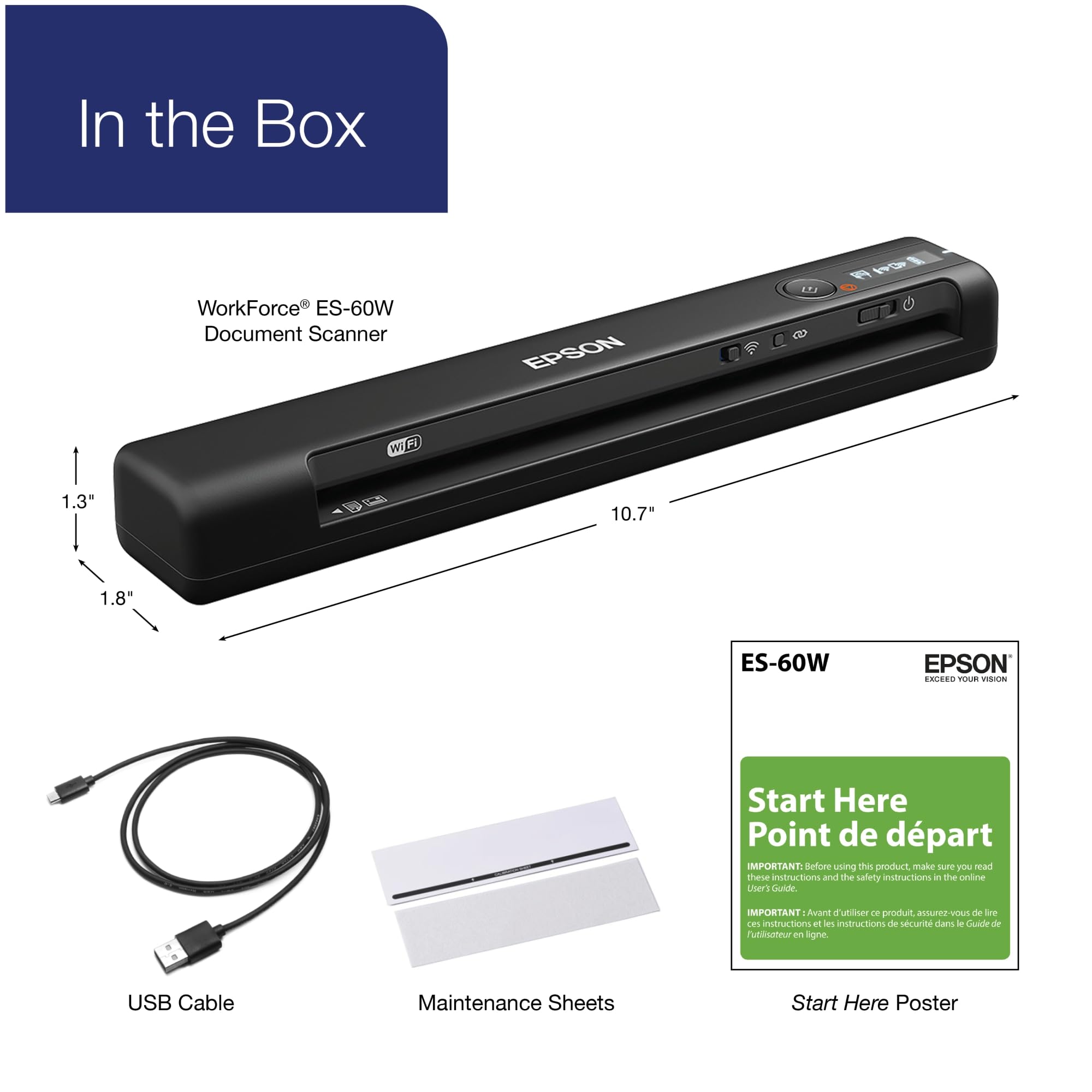 Epson Workforce ES-60W Wireless Portable Sheet-fed Document Scanner for PC and Mac