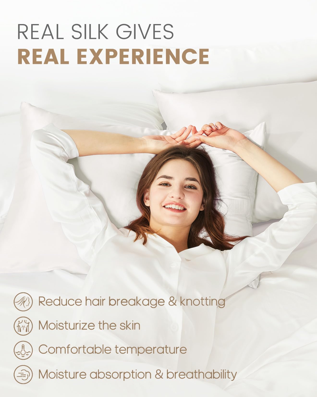 THXSILK 100% Silk Pillowcase for Hair and Skin, Both Sides Grade 6A+ Mulberry Silk Pillow Case with Hidden Zipper, Soft Smooth White Pillowcase(1pc, Queen Size 20"x30")