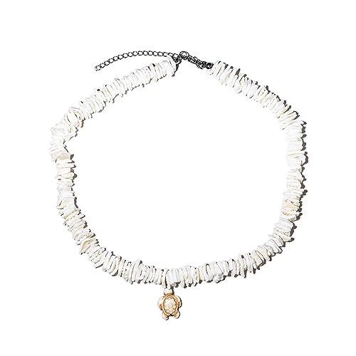 Puka Shell Coconut Bead Sea Turtle Pendant Necklace Bohemian Pookah Seashell Chip Necklace for Men Women Boy Girl Teen Adjustable Boho Surfer Hawaiian Heishi Clam Vsco Summer Beach Jewelry-C white-1