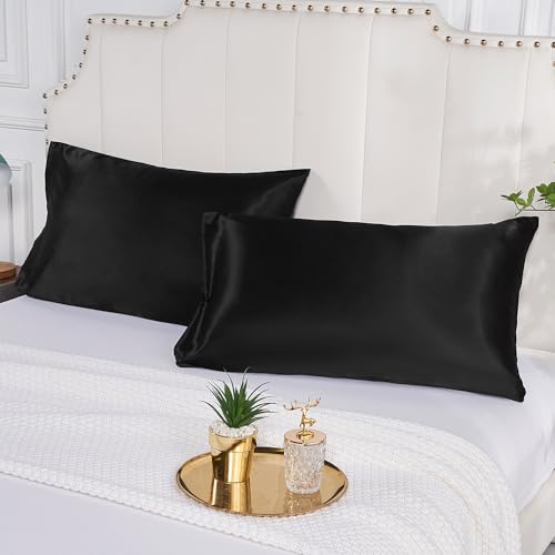 Satin Silk Pillowcases for Hair and Skin 2 Pack Standard Size Pillow Cases Wrinkle Resistant Ultra Soft Pillow Covers with Envelope Closure(Black, 20”X26”)