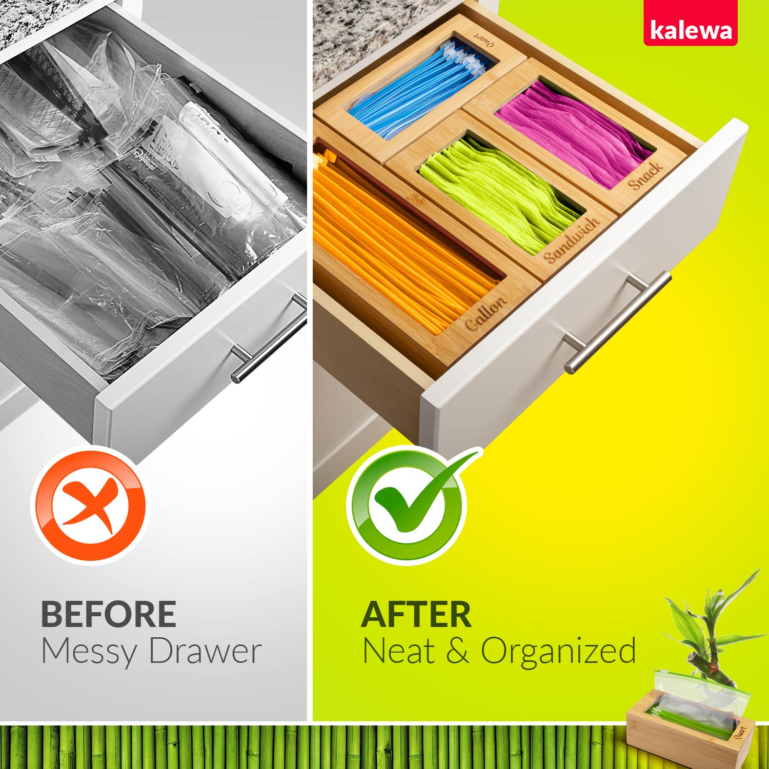 KALEWA Wooden Ziplock Bag Organizer for Drawer - Bamboo Kitchen Accessories Set - Storage Bag Organizer Kitchen Drawer Compatible with Ziploc, Hefty for Gallon, Quart, Sandwich, Snack