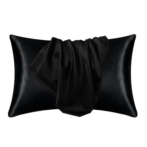 Satin Silk Pillowcases for Hair and Skin 2 Pack Standard Size Pillow Cases Wrinkle Resistant Ultra Soft Pillow Covers with Envelope Closure(Black, 20βX26β)