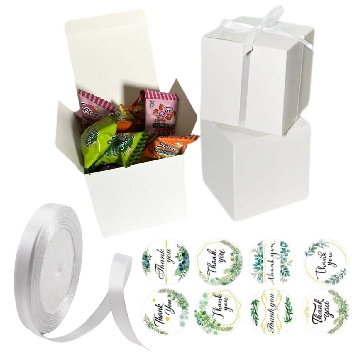 XCXGYCA White Gift Boxes 10 Pack 7x7x7 IN Small Gift Boxes With Lids for Birthday Party Gift Boxes, Bridesmaid Proposal Gift,Christmas Gift Boxes,Graduation, Holiday, With 10 Thank You Stickers ,With 66 FT Ribbon(7x7x7 IN, White) …