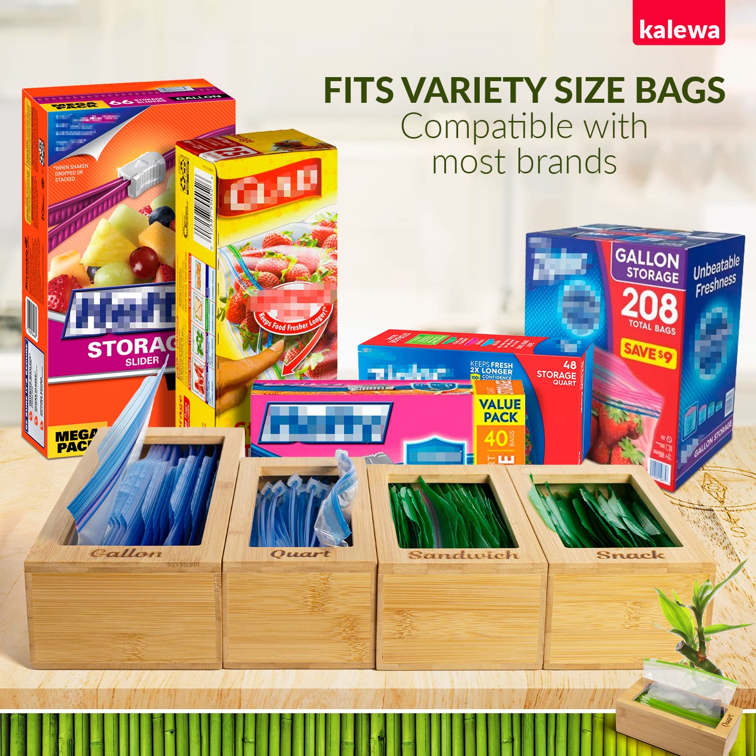KALEWA Wooden Ziplock Bag Organizer for Drawer - Bamboo Kitchen Accessories Set - Storage Bag Organizer Kitchen Drawer Compatible with Ziploc, Hefty for Gallon, Quart, Sandwich, Snack