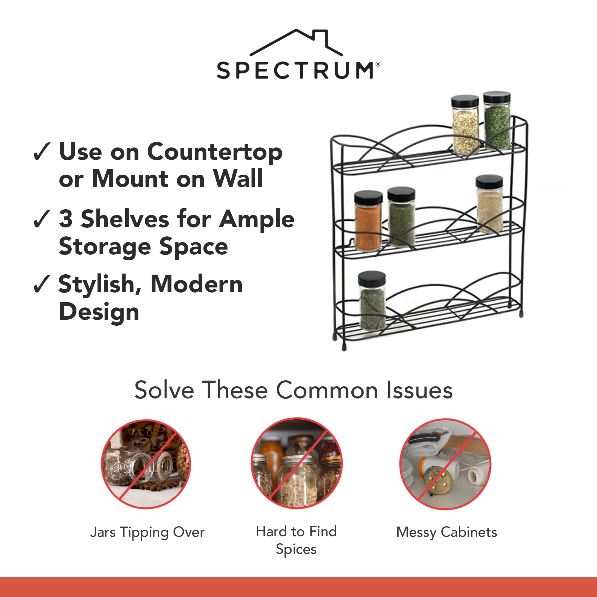 Spectrum Diversified Countertop 3-Tier Rack Kitchen Cabinet Organizer or Optional Wall-Mounted Storage, 3 Spice Shelves, Raised Rubberized Feet, Black