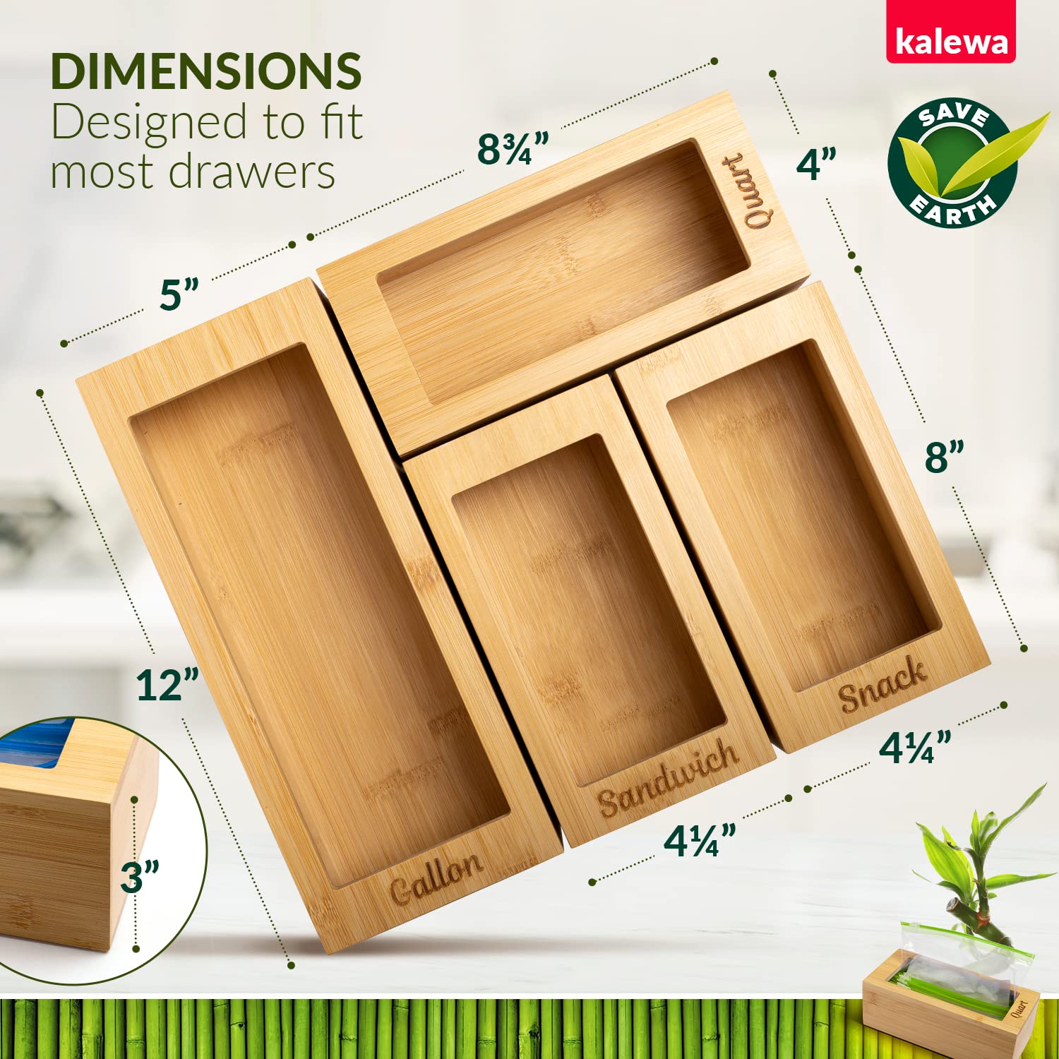 KALEWA Wooden Ziplock Bag Organizer for Drawer - Bamboo Kitchen Accessories Set - Storage Bag Organizer Kitchen Drawer Compatible with Ziploc, Hefty for Gallon, Quart, Sandwich, Snack