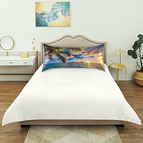 Tropical Beach Sea Sunrise Palm Tree Satin Pillowcase Silk Pillow Case for Hair and Skin Pillow Covers with Envelope Closure,Standard Size 20x26 Inch
