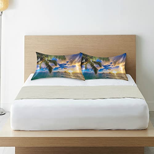 Tropical Beach Sea Sunrise Palm Tree Satin Pillowcase Silk Pillow Case for Hair and Skin Pillow Covers with Envelope Closure,Standard Size 20x26 Inch