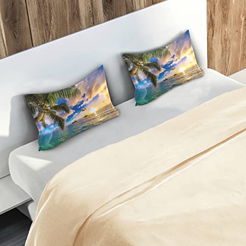 Tropical Beach Sea Sunrise Palm Tree Satin Pillowcase Silk Pillow Case for Hair and Skin Pillow Covers with Envelope Closure,Standard Size 20x26 Inch