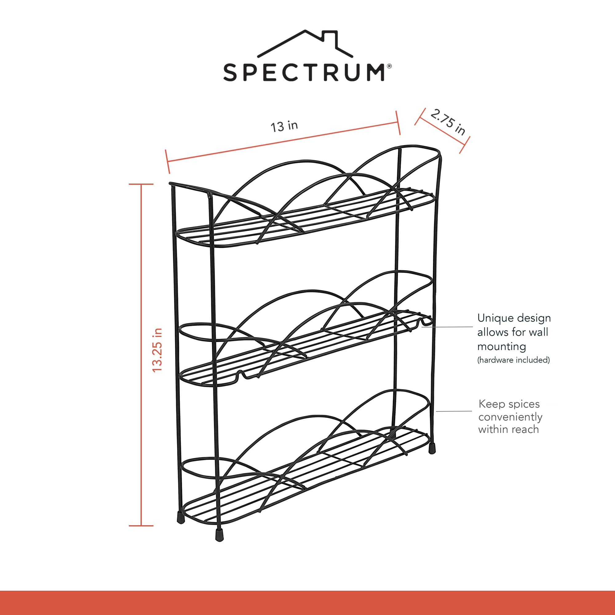 Spectrum Diversified Countertop 3-Tier Rack Kitchen Cabinet Organizer or Optional Wall-Mounted Storage, 3 Spice Shelves, Raised Rubberized Feet, Black