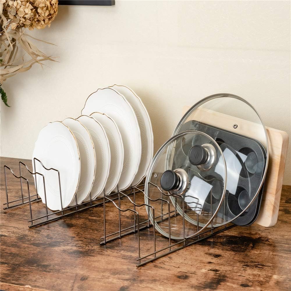 blitzlabs Pot Pan Lid Holder Rack Organizer, Kitchen Dish Plate Storage Organizer and Drying Rack, Bakeware Pot Lid Rack Holder Organizer, Pantry and Cabinet Holder Nickel, Pack of 2