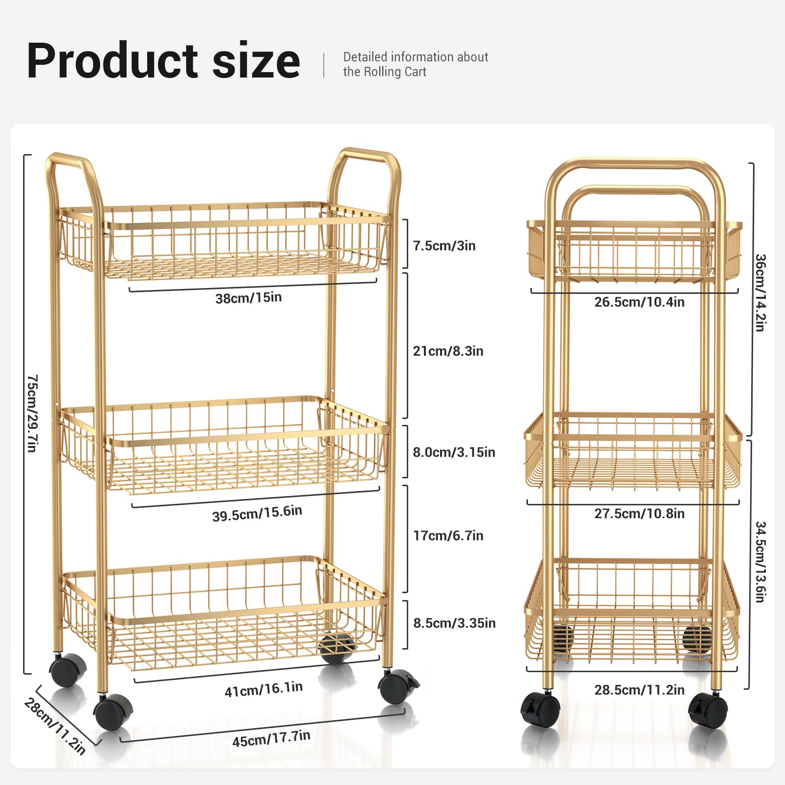 MNOPQ 3 Tier Rolling Utility Cart, Storage Trolley Service Cart with Wheels Easy Assembly for Kitchen, Living Room, Office, Salon, Gold