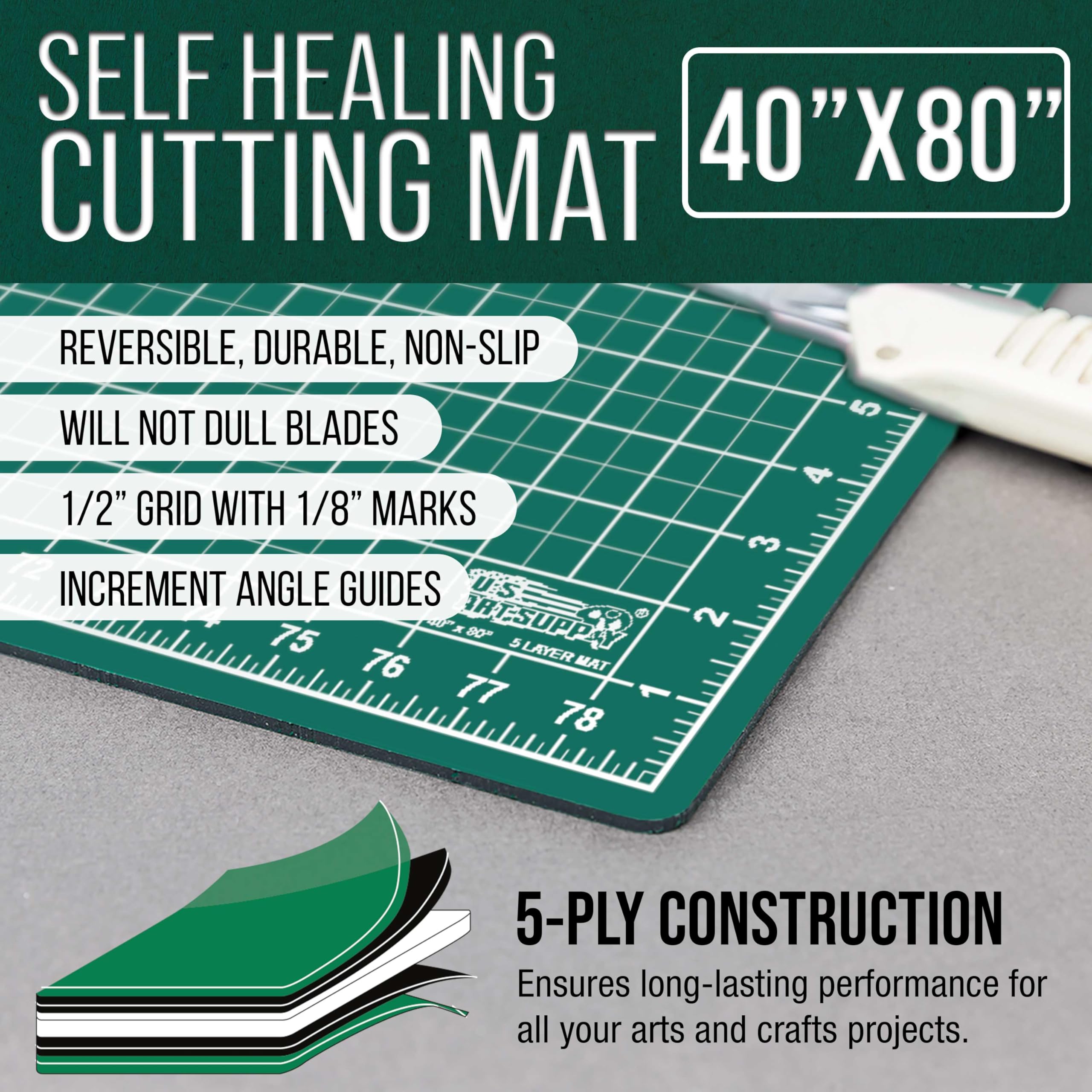 US Art Supply 40" x 80" GREEN/BLACK Professional Self Healing 5-Ply Double Sided Durable Non-Slip Cutting Mat Great for Scrapbooking, Quilting, Sewing and all Arts & Crafts Projects