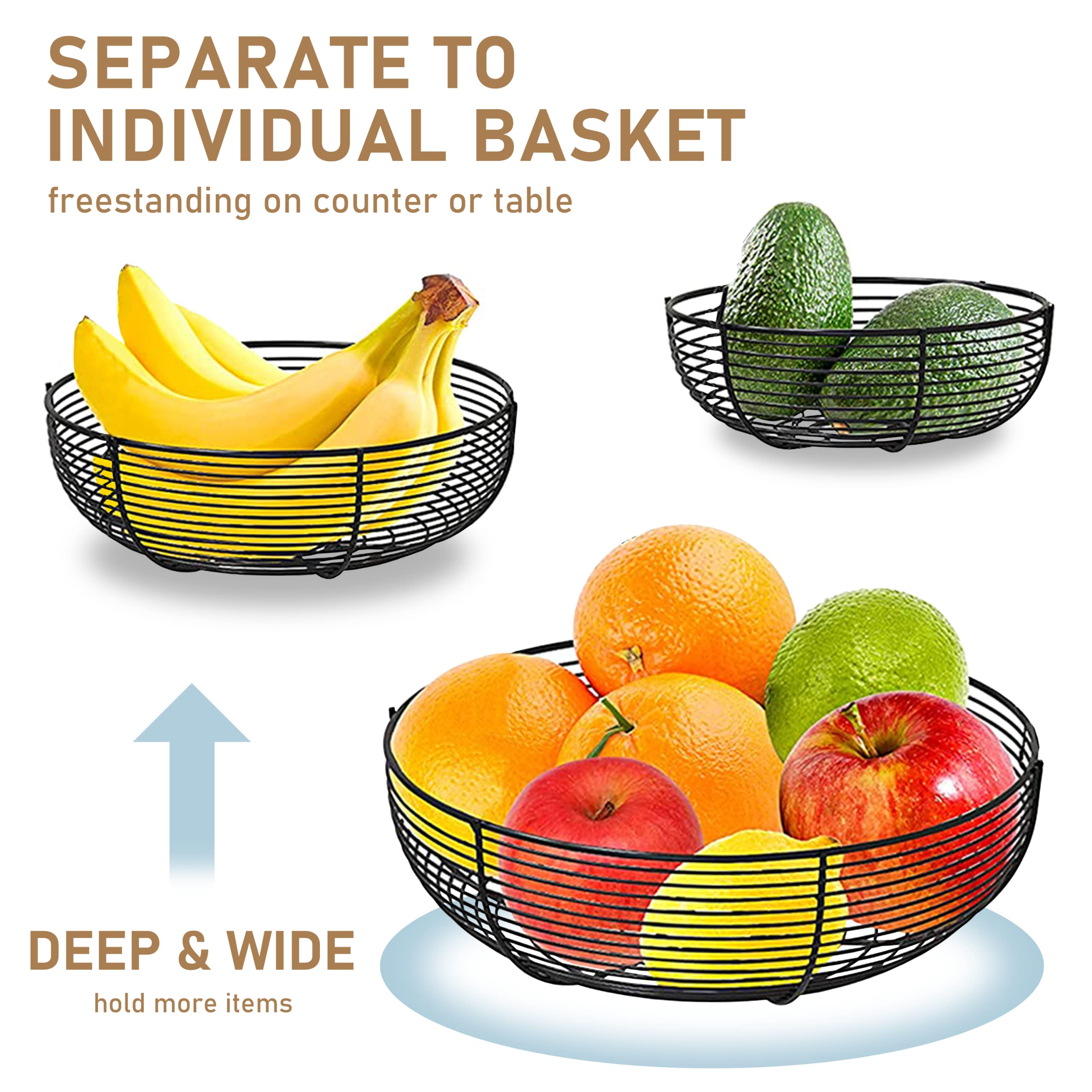 CAXXA 3-Tier Hanging Basket Fruit Organizer Kitchen Heavy Duty Wire Organizer with 2 Free Bonus Metal Ceiling Hooks, Black