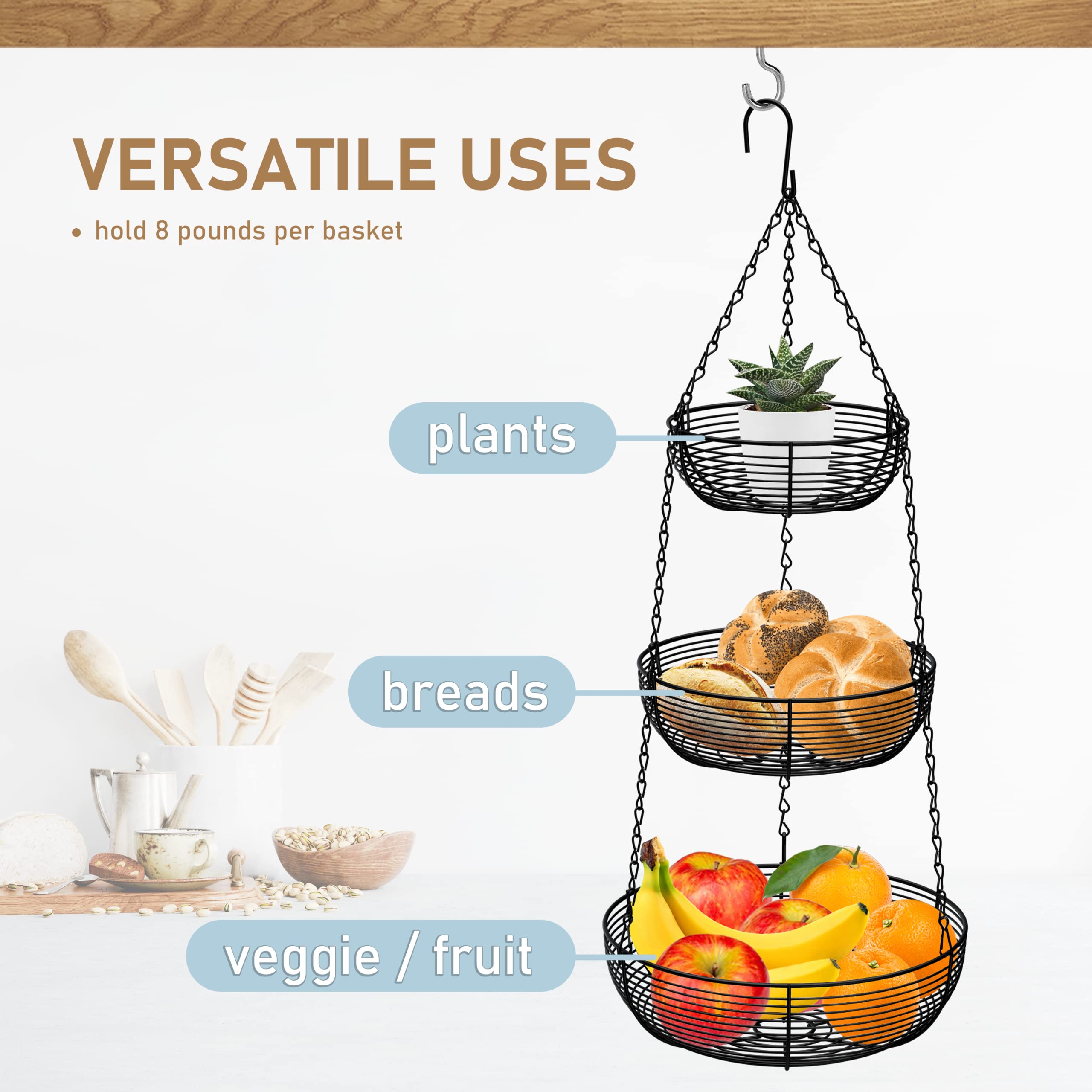 CAXXA 3-Tier Hanging Basket Fruit Organizer Kitchen Heavy Duty Wire Organizer with 2 Free Bonus Metal Ceiling Hooks, Black