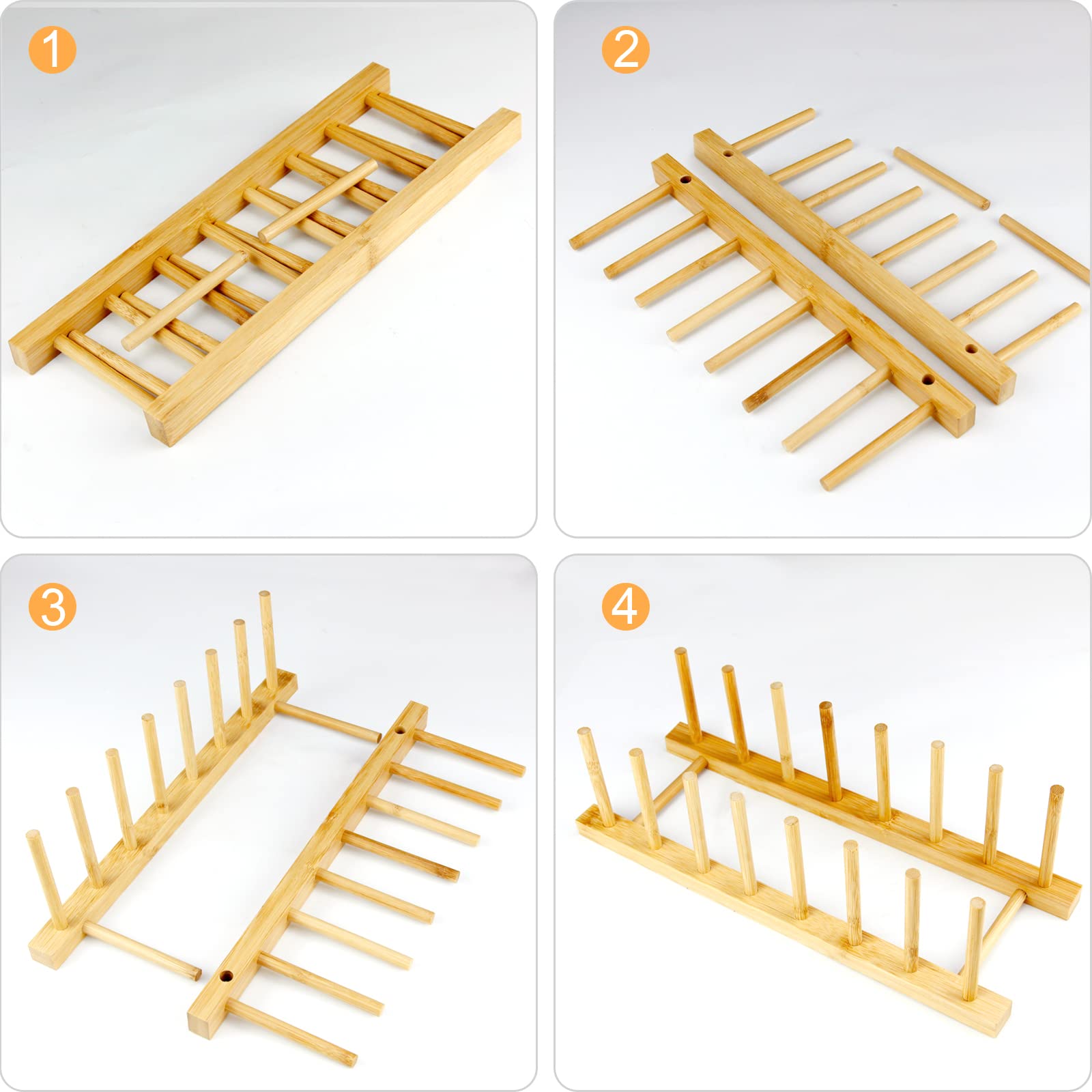 2PCS Bamboo Wooden Dish Rack, Plate Rack Stand Pot Lid Holder w/Holds 14 Plates, Kitchen Dish Plate Storage Cabinet Organizer Drainer w/ 7 Slots for Cup, Cutting Board, Bowl, Drying Rack and More