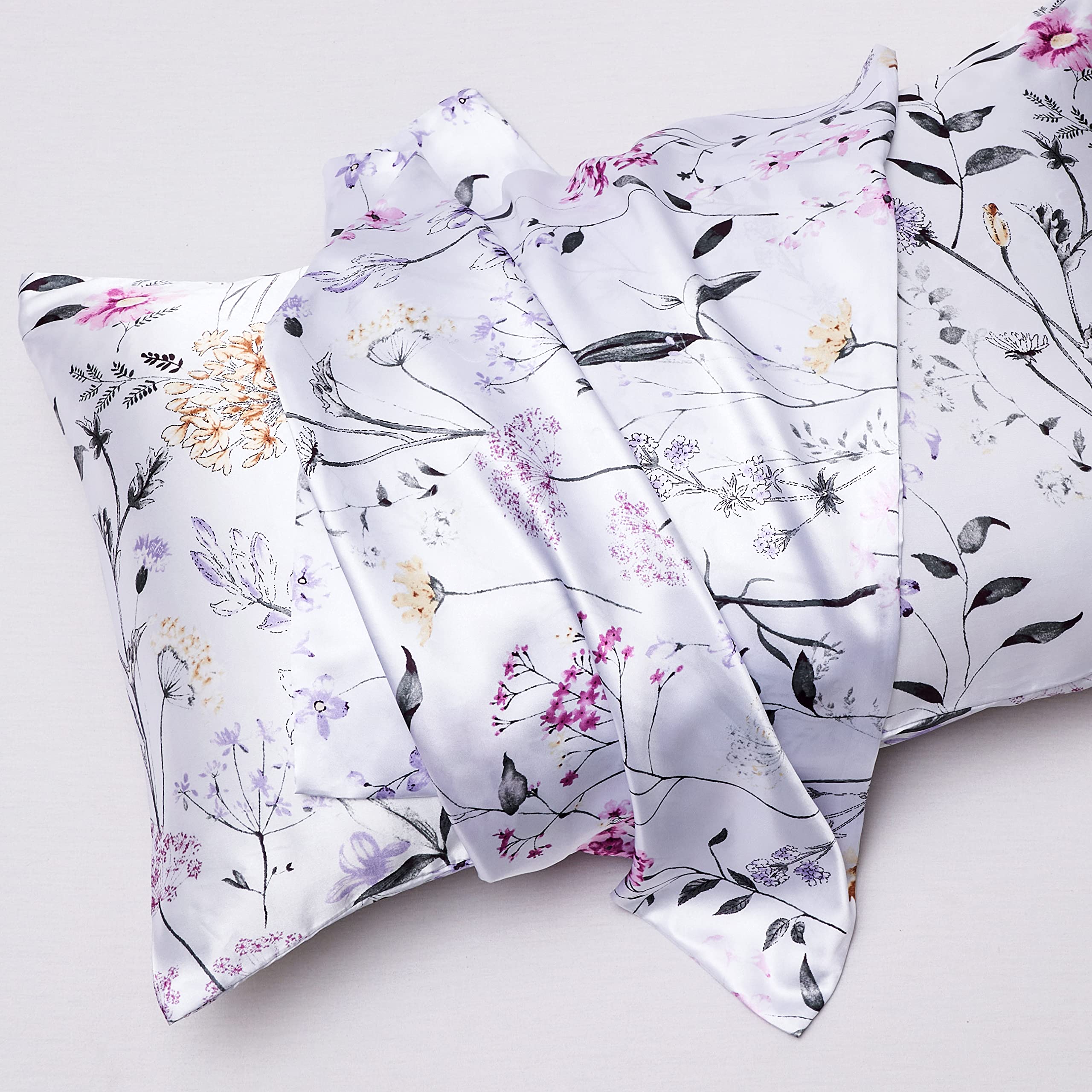 Satin Pillowcase for Hair and Skin White Satin Pillow Cases for Women 2 Pack Floral Satin Pillowcases Standard Set of 2 100% Satin Pillowcase with Envelope Closure (20x26 White)