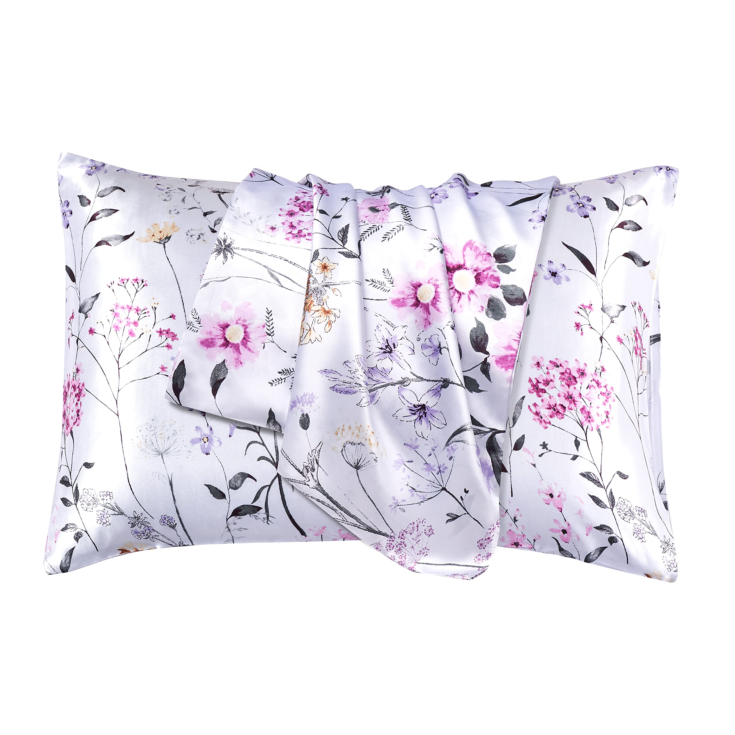 Satin Pillowcase for Hair and Skin White Satin Pillow Cases for Women 2 Pack Floral Satin Pillowcases Standard Set of 2 100% Satin Pillowcase with Envelope Closure (20x26 White)