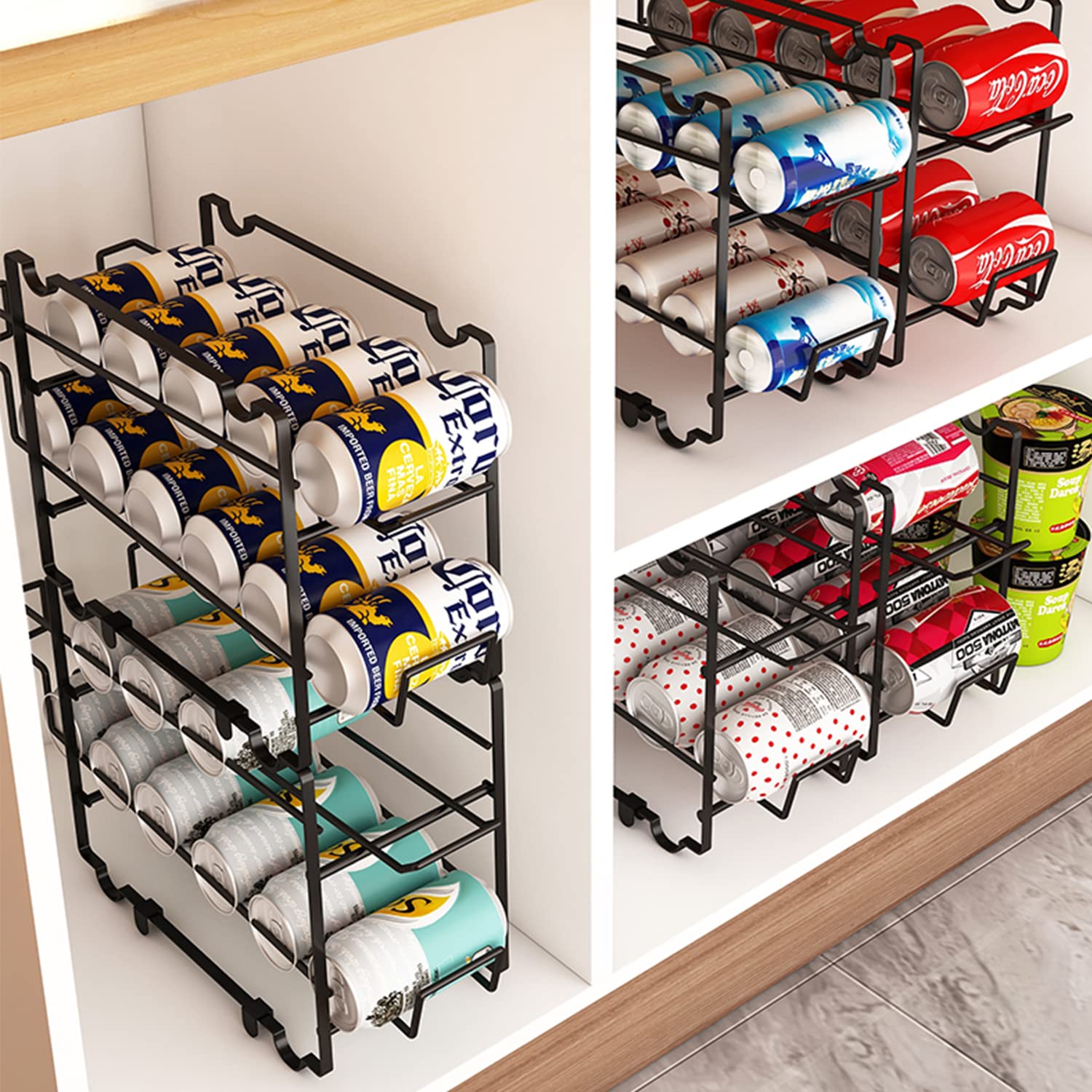 ShellKingdom Stackable Beverage Soda Can Dispenser Organizer Rack, [2 Set] Rolling Beverage Rack, Can Storage Holder for Pantry Refrigerator (Black)