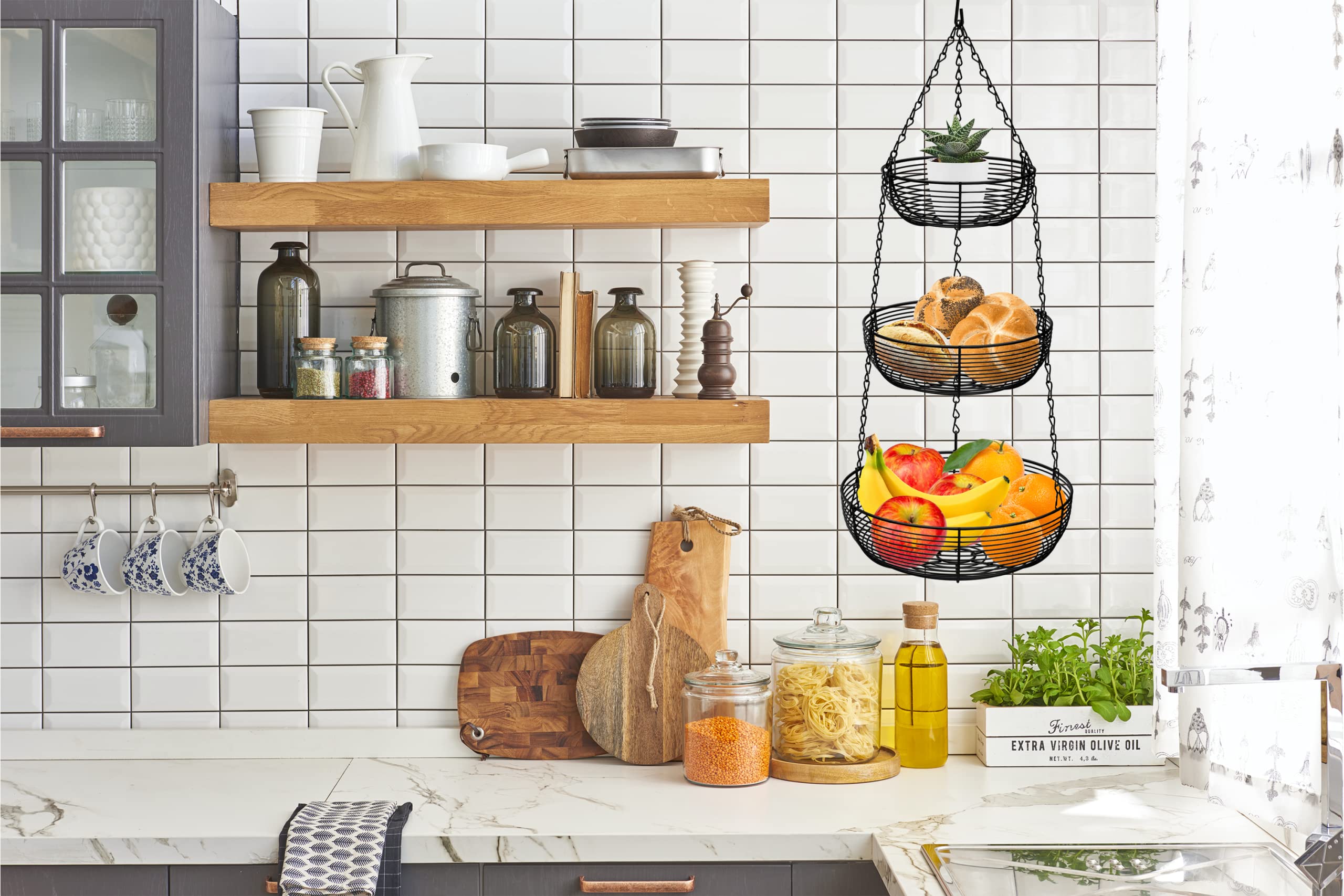 CAXXA 3-Tier Hanging Basket Fruit Organizer Kitchen Heavy Duty Wire Organizer with 2 Free Bonus Metal Ceiling Hooks, Black