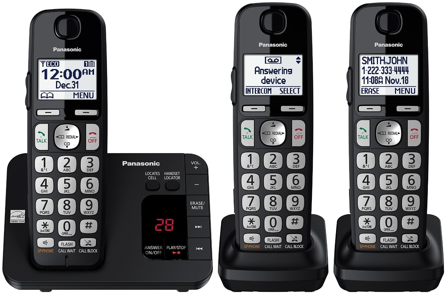 Panasonic DECT 6.0 Expandable Cordless Phone System with Answering Machine and Call Blocking - 3 Handsets - KX-TGE433B (Black)