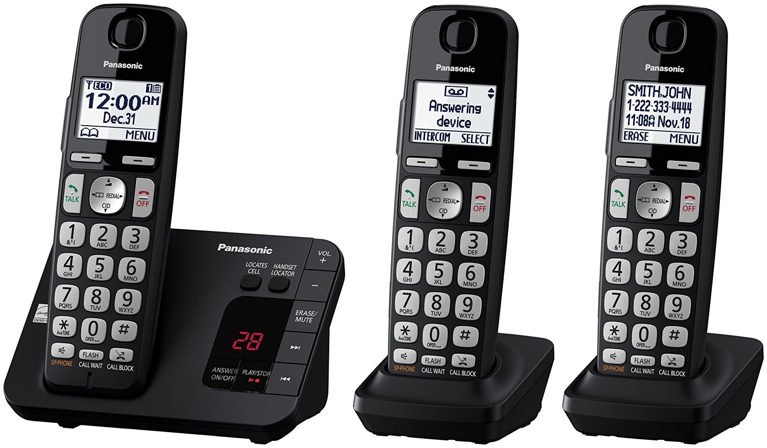 Panasonic DECT 6.0 Expandable Cordless Phone System with Answering Machine and Call Blocking - 3 Handsets - KX-TGE433B (Black)