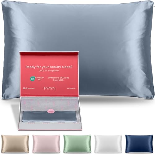 Shimmi Real Silk Pillow Cases | Luxury 30 Momme 6a Grade Mulberry Silk Pillowcase | Silk Pillowcase for Hair and Skin | Super Soft | [Standard, Blue Shimmer]