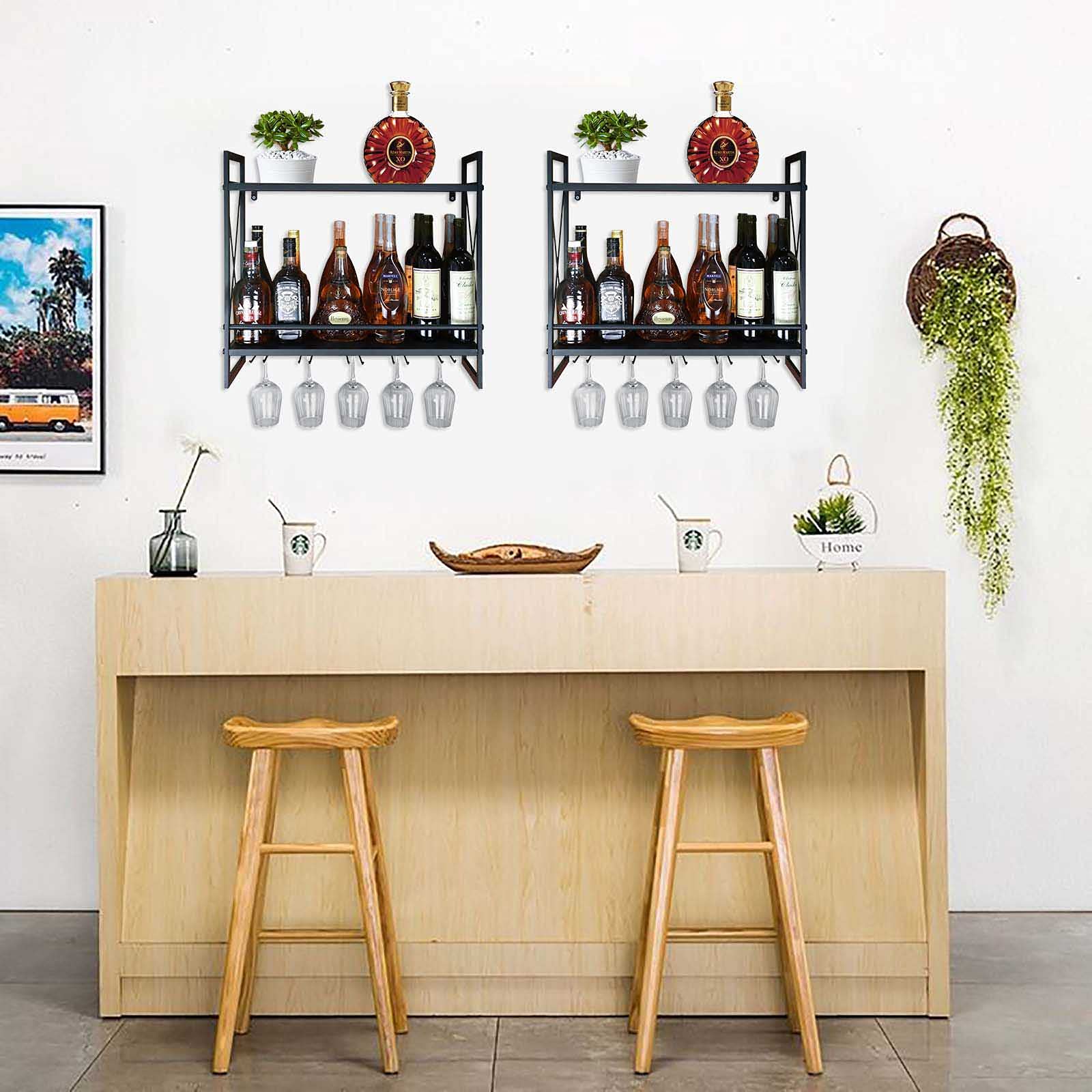 FLRH Wine Racks Wall Mounted, 24.2in Black Metal Multipurpose Shelf Hung Bracket with Glass Holder, 2-Tiers Wall Mount Bottle Holder Glass Rack