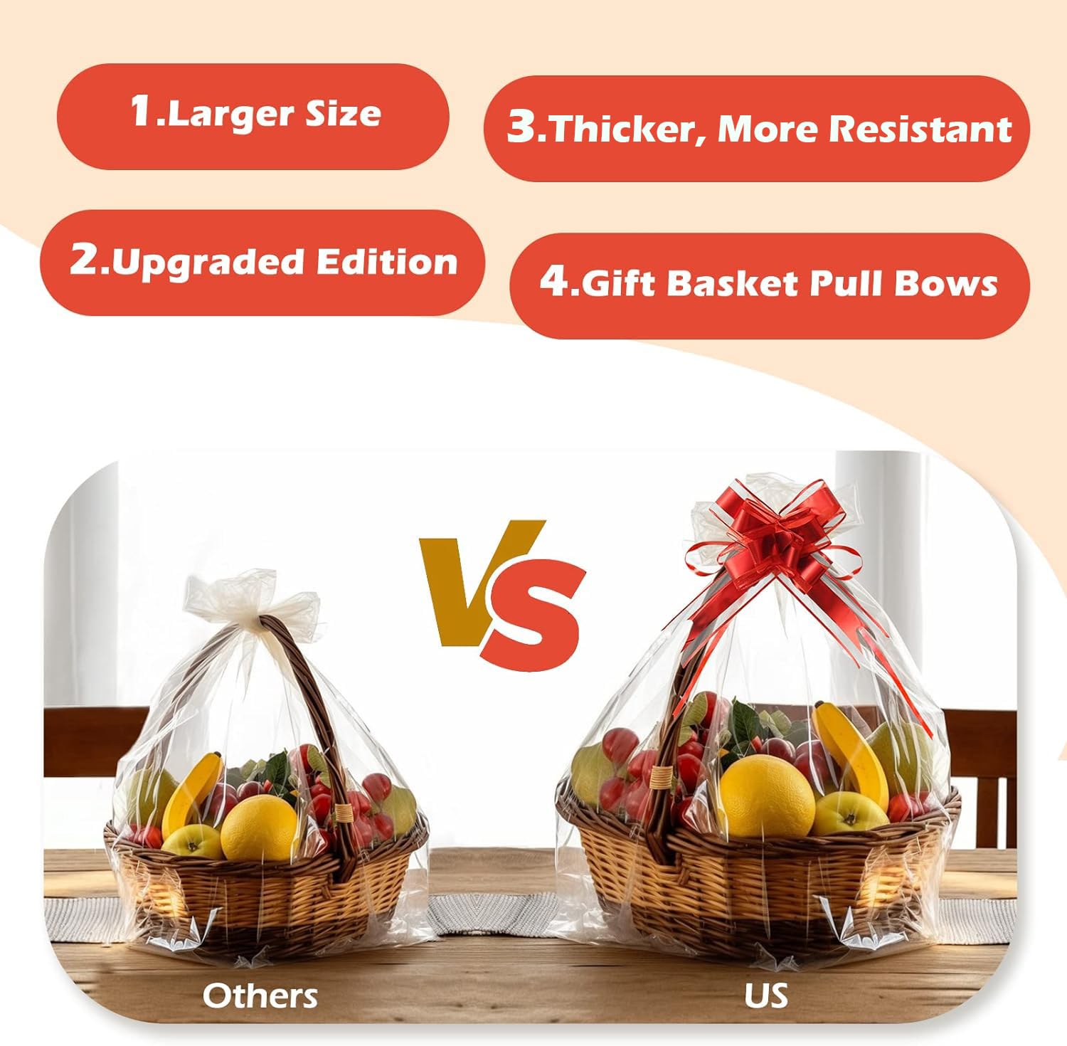 ELTNEGSA 30x45 Inch Clear Basket Bags, 10 Pack Large Cellophane Wrap Bags Basket Packaging Bags with 10pcs Bows for Christmas Gift Packages Fruit Basket