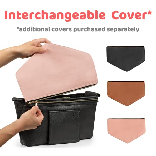 Vegan Leather Non Slip Universal Stroller Organizer With Cup Holder - Interchangeable Cover (PINK). Stroller Bag Organizer Caddy For Uppababy Vista Cruz Nuna Baby Jogger Bob Britax Bugaboo Graco Stroller Accessories Parent Consoleā¦