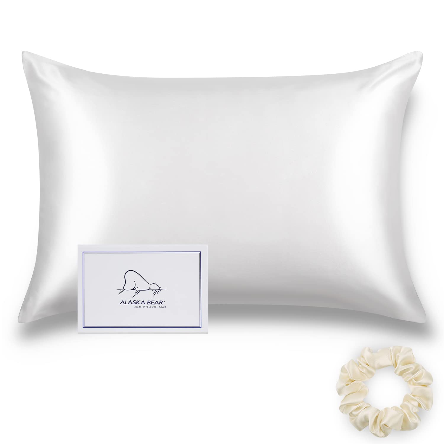 ALASKA BEAR Silk Pillowcase Envelope Closure, 22 Momme 100 Percent Long Overlap Sleeve Mulberry Silk Pillow Case Foldover Design, Machine Washable and NO Zipper, Queen (1, Cool White)