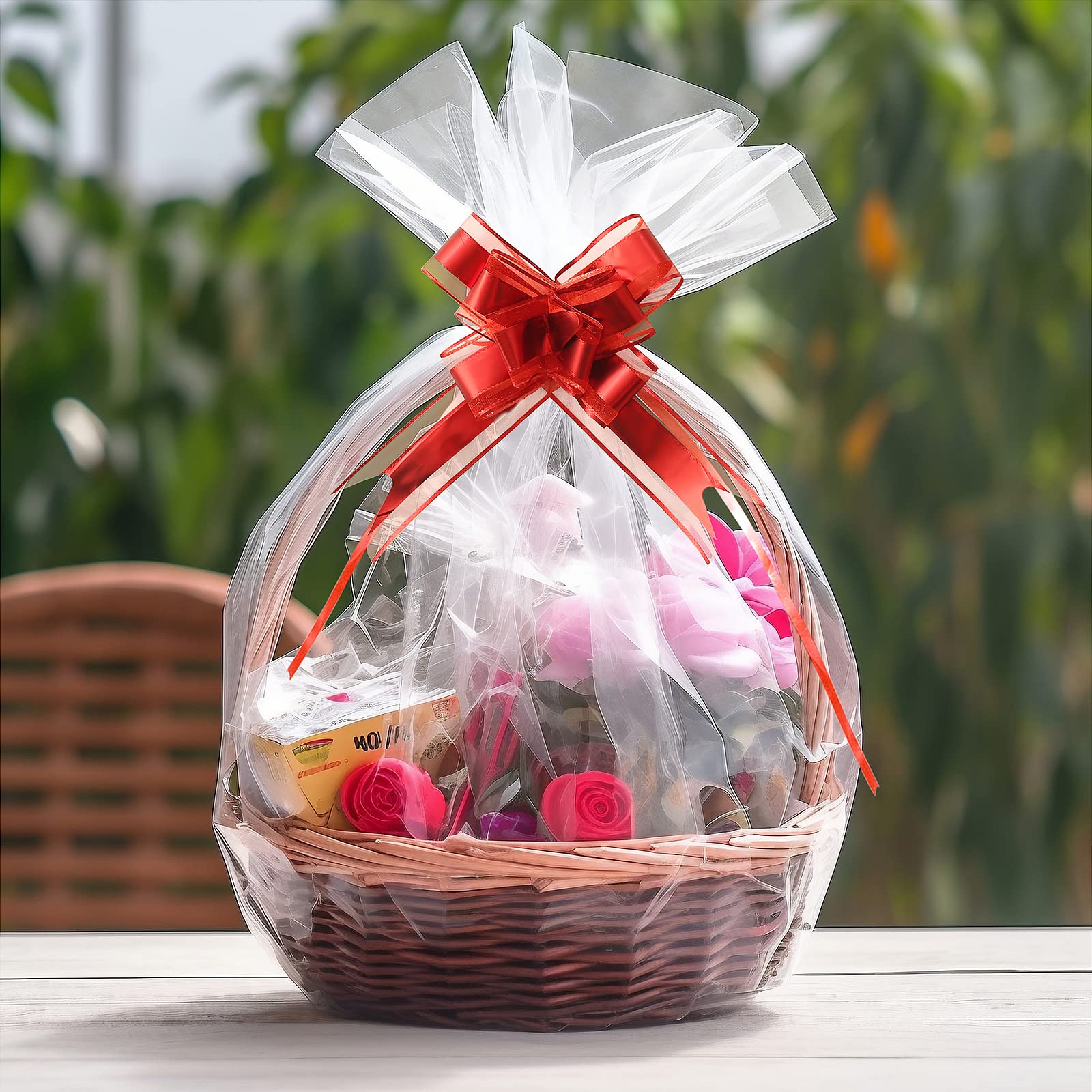 ELTNEGSA 30x45 Inch Clear Basket Bags, 10 Pack Large Cellophane Wrap Bags Basket Packaging Bags with 10pcs Bows for Christmas Gift Packages Fruit Basket