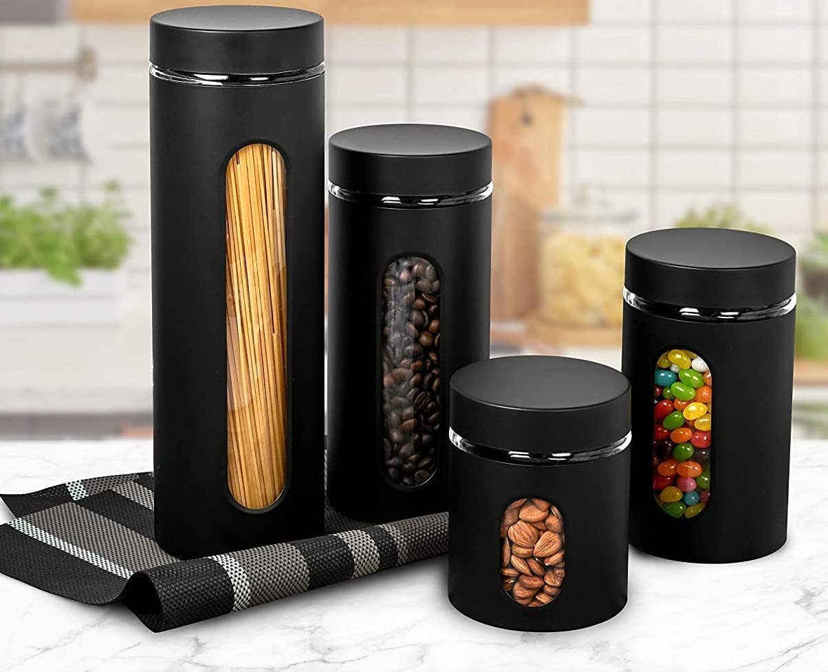 GADGETWIZ Canister Sets for Kitchen Counter - Matte Black Kitchen Decor and Accessories - Glass Canisters Sets for the Kitchen - Sugar Containers for Countertop - Kitchen Canisters Set of 4