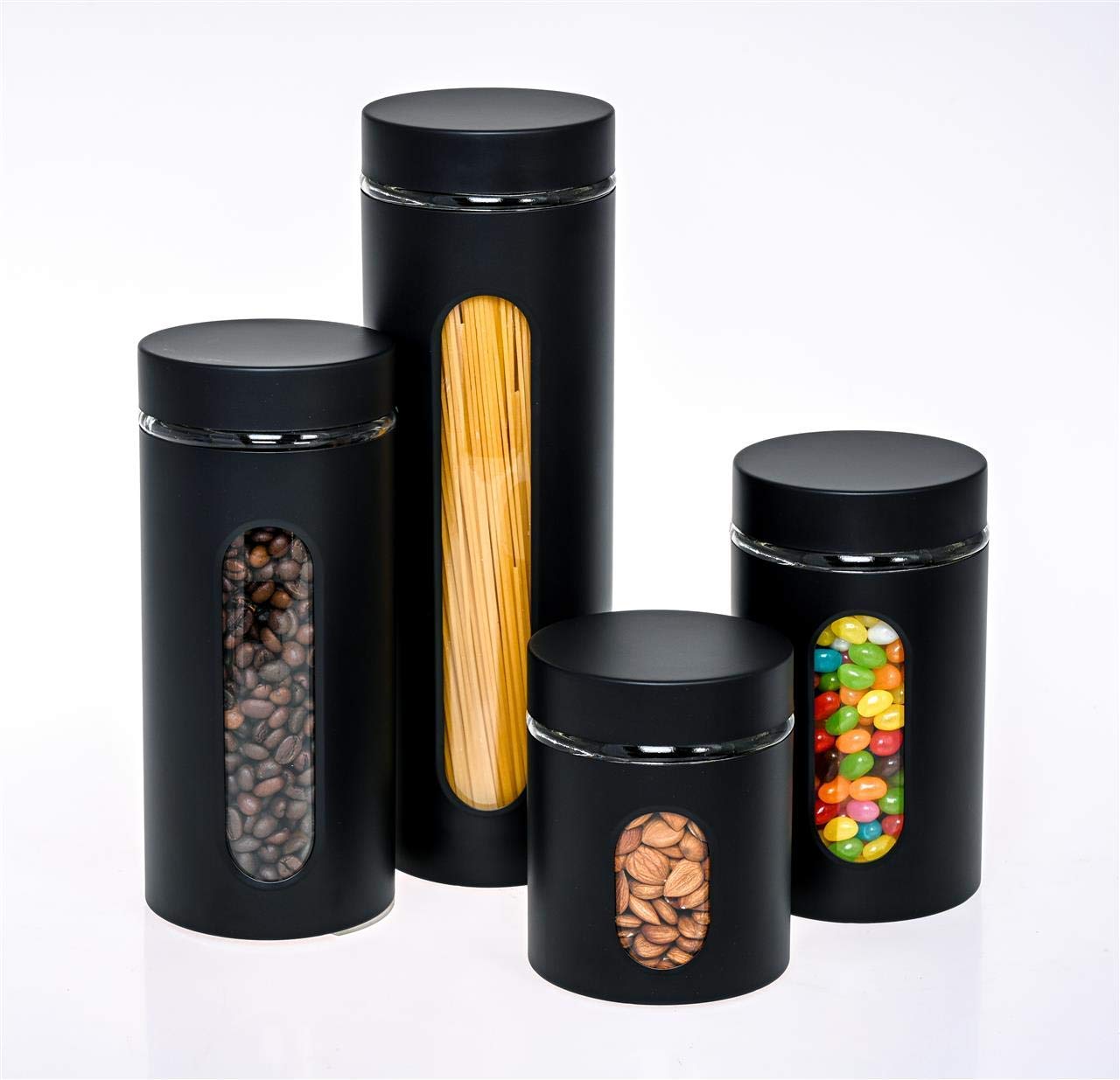 GADGETWIZ Canister Sets for Kitchen Counter - Matte Black Kitchen Decor and Accessories - Glass Canisters Sets for the Kitchen - Sugar Containers for Countertop - Kitchen Canisters Set of 4