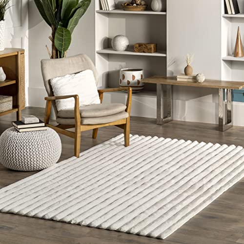 nuLOOM Kai Stripe Faux Rabbit Machine Washable Area Rug, 3' 9" x 6', White
