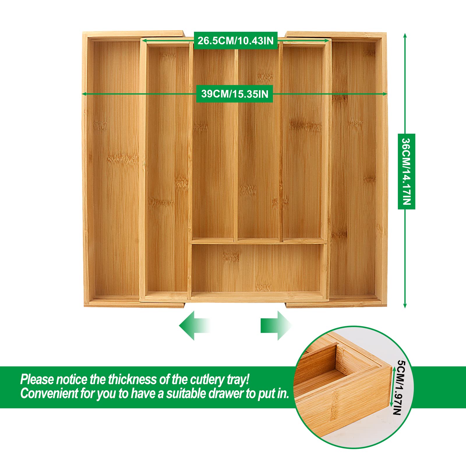 BIGTREE Bamboo Cutlery Expandable Drawer Organizer, Silverware Tray Organizer, Recessed Dividers, Wooden Drawer Divider Organizer, Adjustable Size to 15.35 x 14.17 x 1.97 Inches for Kitchen Utensils.
