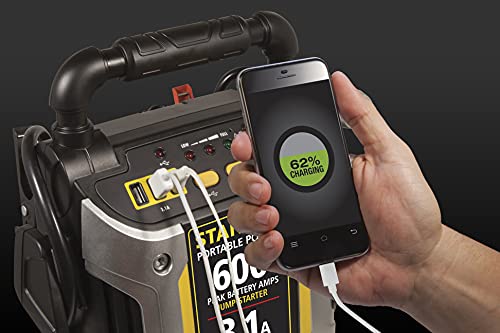 STANLEY J309 Portable Power Station Jump Starter: 600 Peak Amp Battery Booster, 3.1A USB Ports, Battery Clamps