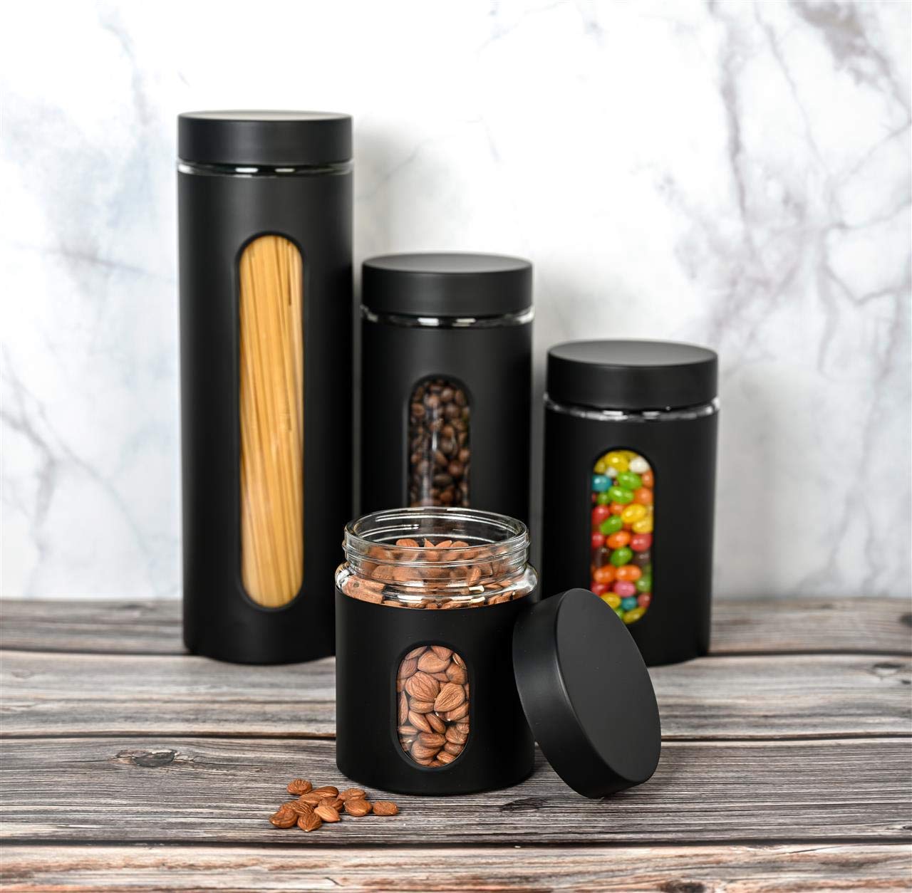 GADGETWIZ Canister Sets for Kitchen Counter - Matte Black Kitchen Decor and Accessories - Glass Canisters Sets for the Kitchen - Sugar Containers for Countertop - Kitchen Canisters Set of 4