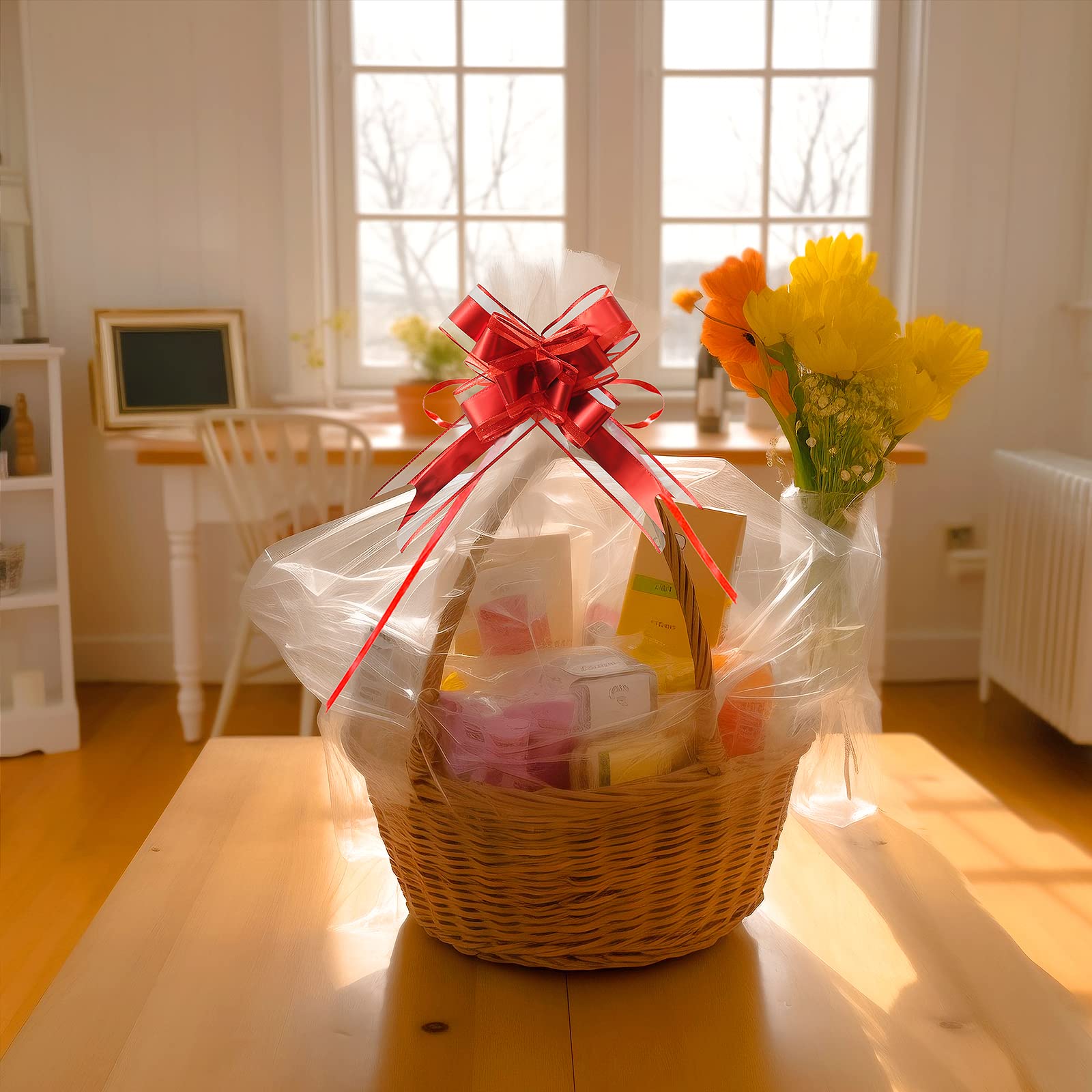 ELTNEGSA 30x45 Inch Clear Basket Bags, 10 Pack Large Cellophane Wrap Bags Basket Packaging Bags with 10pcs Bows for Christmas Gift Packages Fruit Basket