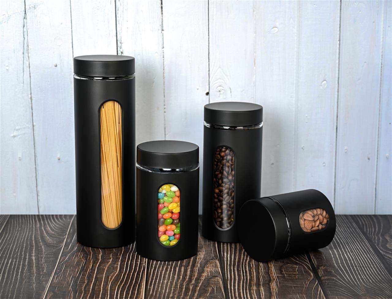 GADGETWIZ Canister Sets for Kitchen Counter - Matte Black Kitchen Decor and Accessories - Glass Canisters Sets for the Kitchen - Sugar Containers for Countertop - Kitchen Canisters Set of 4