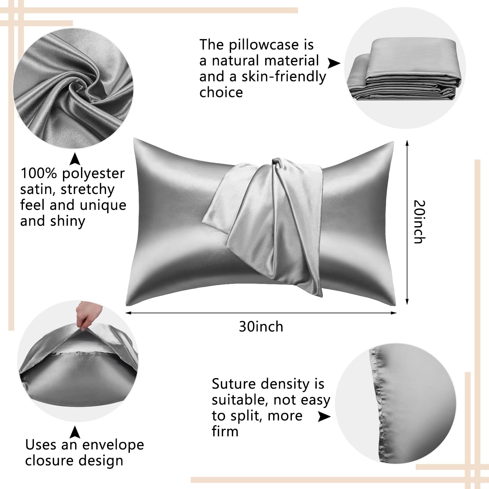 30 Pack Satin Pillowcase for Hair and Skin Queen Size Silk Pillow Cases Bulk, 20x30 Inch Satin Pillow Case Washable Cooling Pillowcase Cover with Envelope Closure for Bedding Sleeping Women Men(Grey)