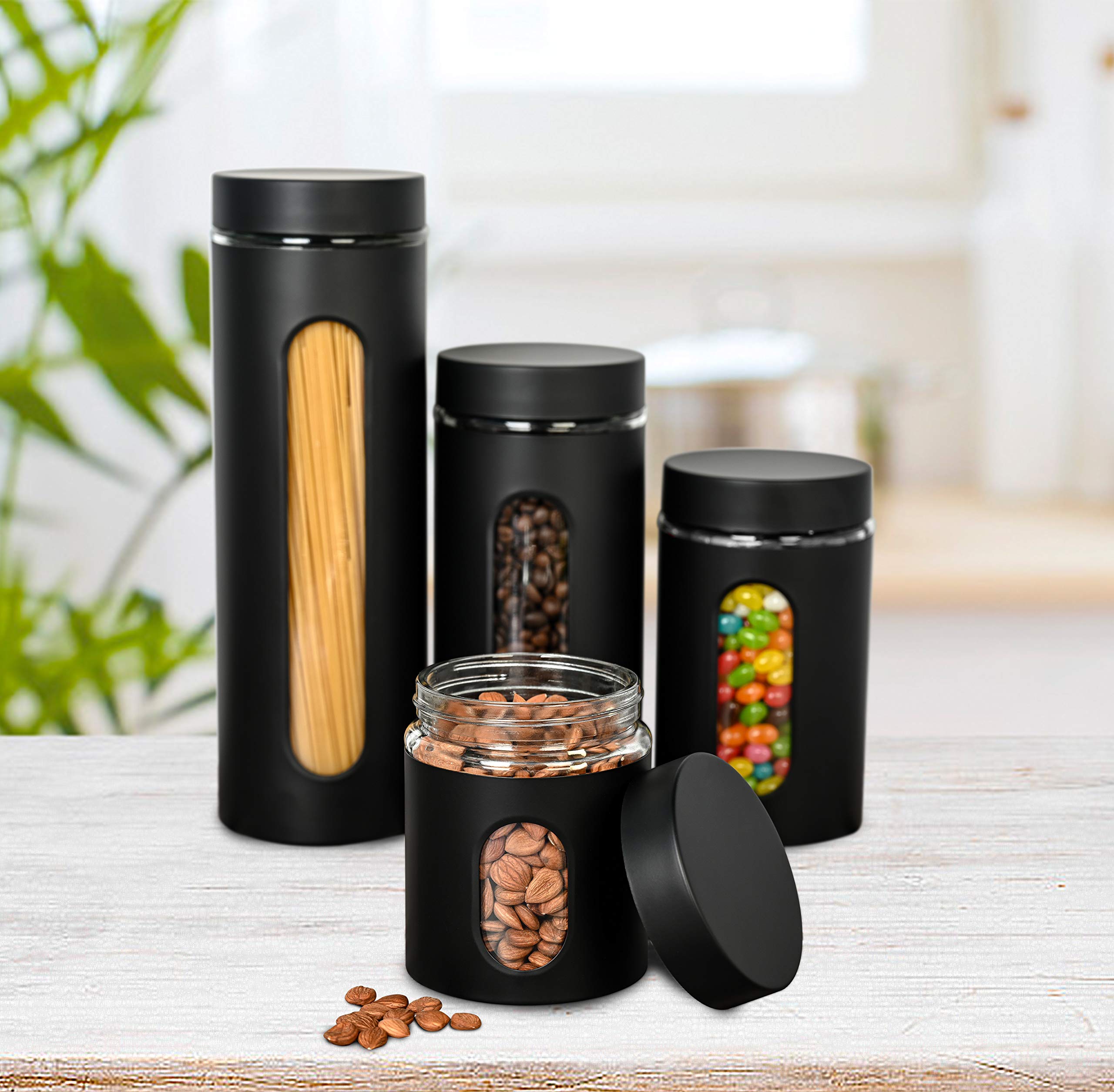GADGETWIZ Canister Sets for Kitchen Counter - Matte Black Kitchen Decor and Accessories - Glass Canisters Sets for the Kitchen - Sugar Containers for Countertop - Kitchen Canisters Set of 4