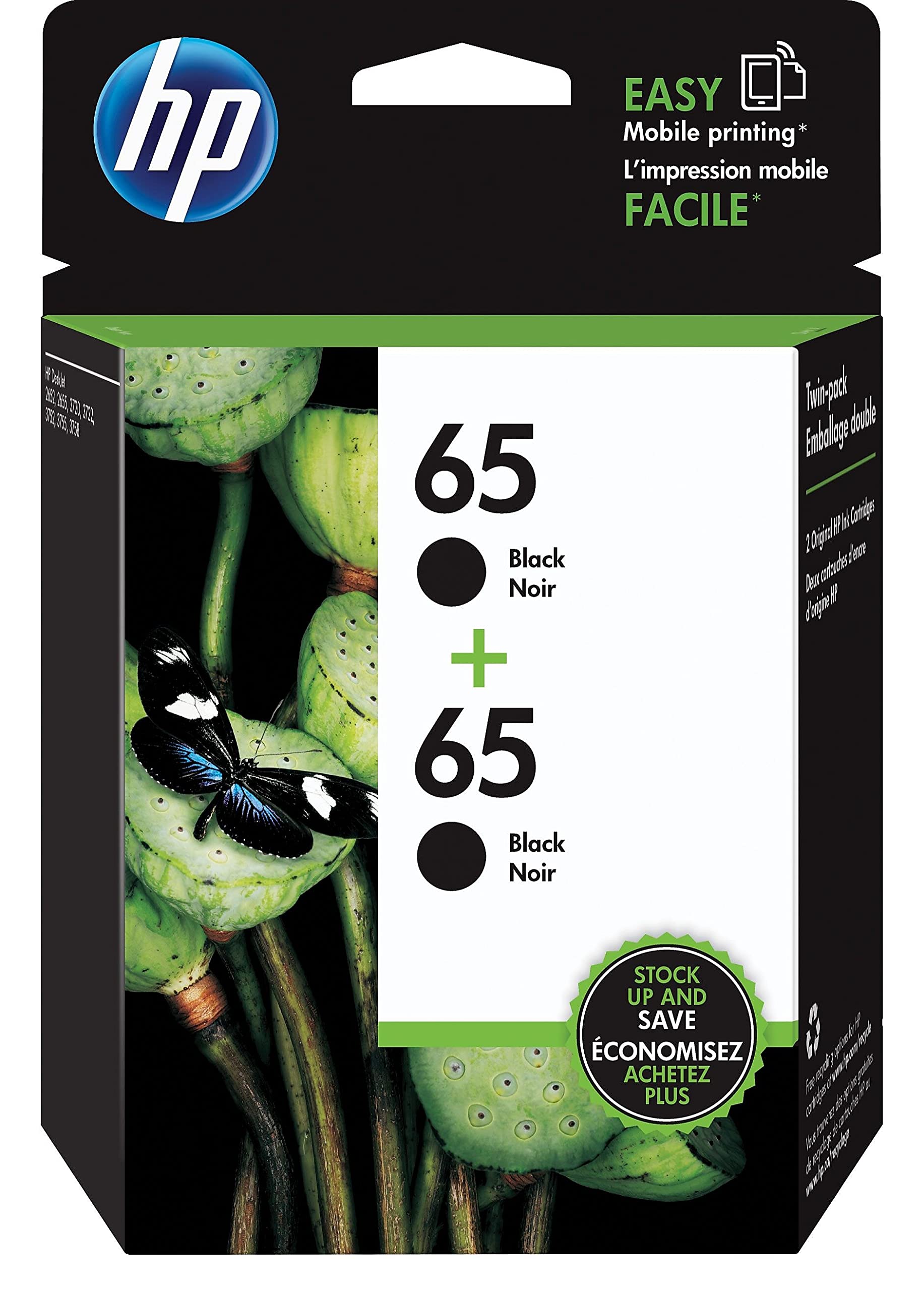 HP 65 Black Original Ink, 2 Cartridges (1VU22AN)