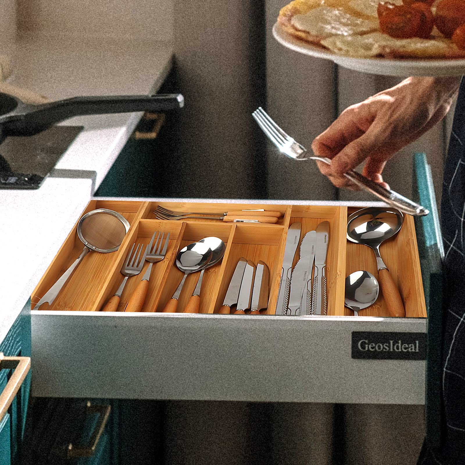 BIGTREE Bamboo Cutlery Expandable Drawer Organizer, Silverware Tray Organizer, Recessed Dividers, Wooden Drawer Divider Organizer, Adjustable Size to 15.35 x 14.17 x 1.97 Inches for Kitchen Utensils.