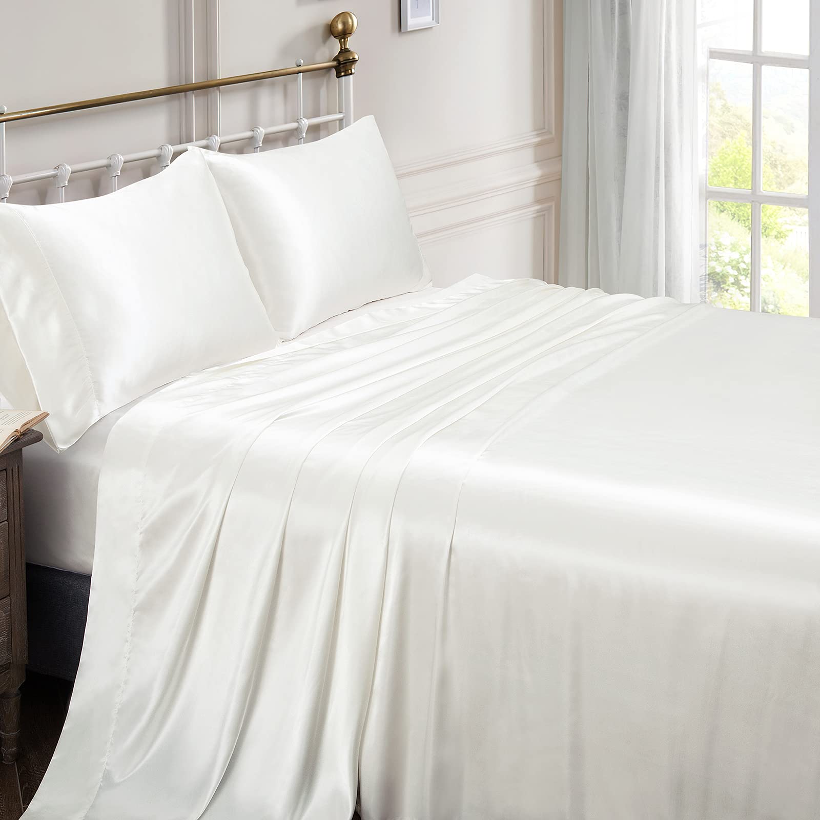 Vonty Satin Sheets Queen Size Silky Soft Satin Bed Sheets Ivory White Satin Sheet Set, 1 Deep Pocket Fitted Sheet + 1 Flat Sheet + 2 Pillowcases