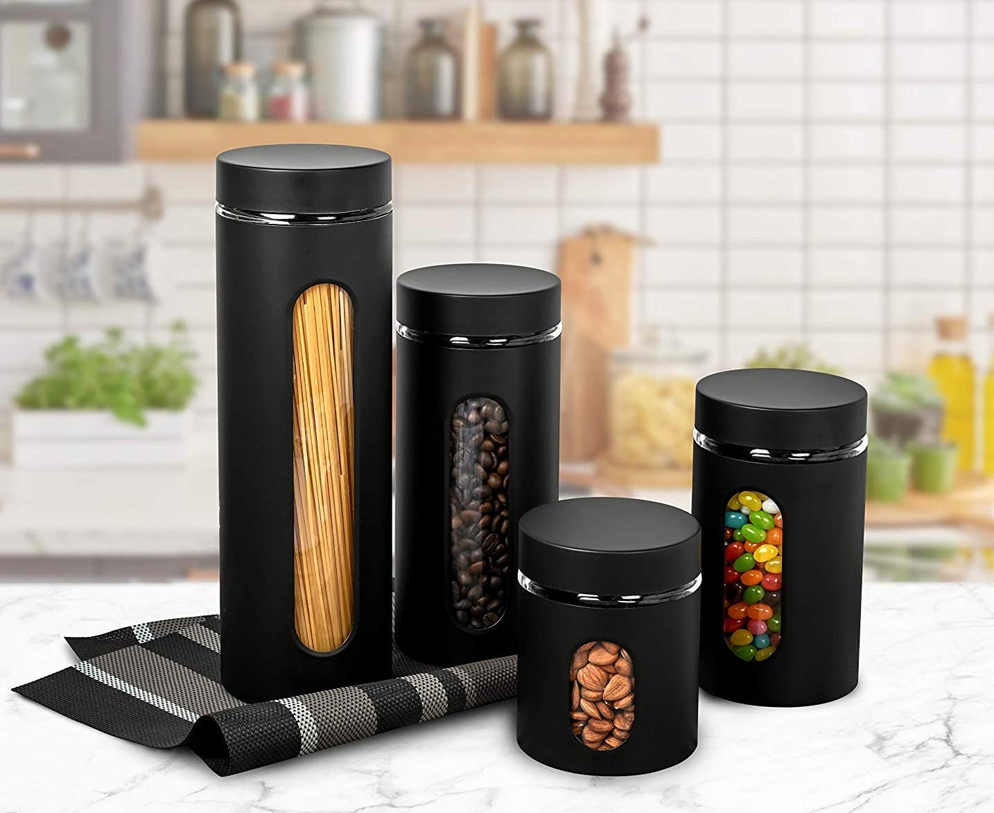 GADGETWIZ Canister Sets for Kitchen Counter - Matte Black Kitchen Decor and Accessories - Glass Canisters Sets for the Kitchen - Sugar Containers for Countertop - Kitchen Canisters Set of 4