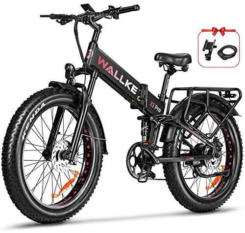 Wallke X3 Pro Electric Bike Adults Folding 750W Fat Tire 32MPH eBike 20AH 48V Samsung Lithium Battery Cells 26 Inch Mountain Electric Bicycle Full Suspension Shimano 8 Speed(Black)